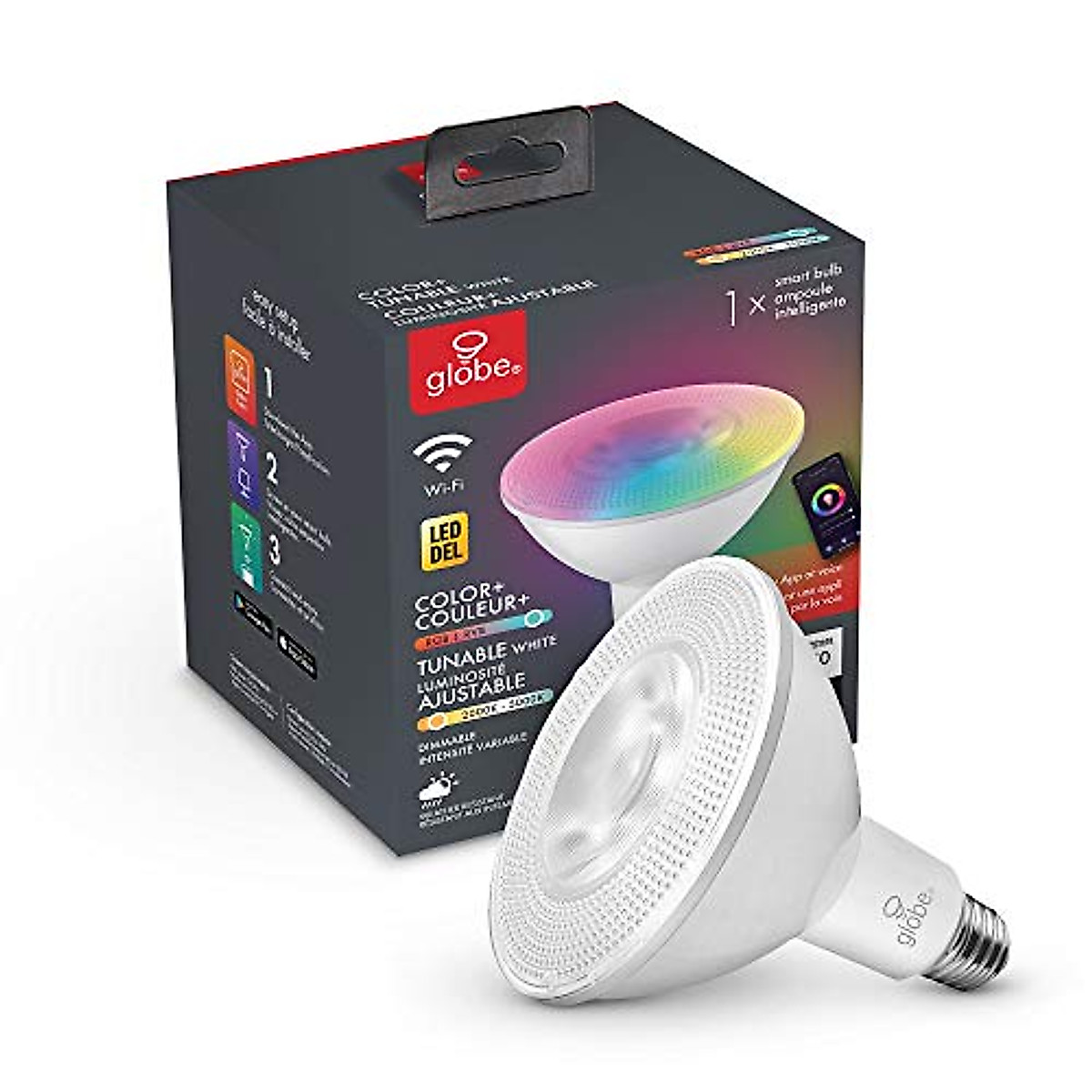 Globe Electric 50043 Wi-Fi Smart 10 Watt (90W Equivalent) Multicolor Changing RGB Tunable White Frosted LED Light Bulb, No Hub Required, Voice Activated, 2000K - 5000K, PAR38 Shape, E26 Base