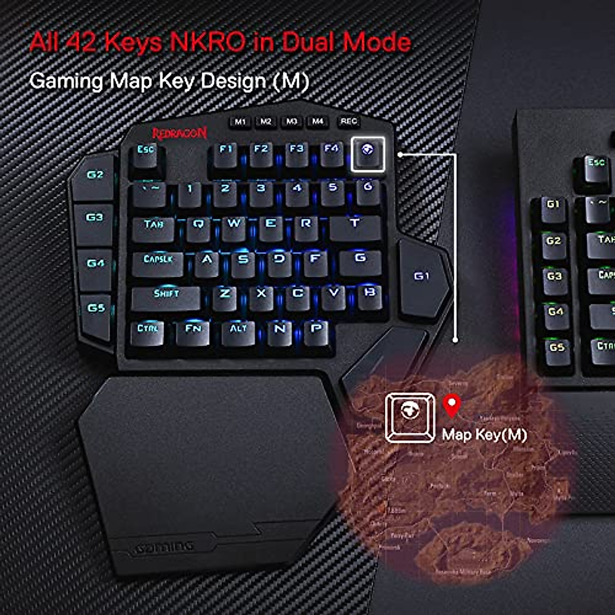 Redragon K585 PRO Wireless One-Handed Mechanical Keyboard, 42 Keys 3-Mode RGB 40% Gaming Keypad w/ 7 Onboard Macro Keys, Detachable Wrist Support, Rechargeable Battery (Blue Switch)
