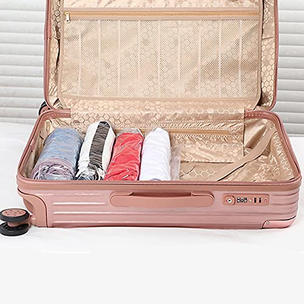 SMLJFO 5pcs Compression Bags for Travel Double Zipper Hand Roll Up Space Saver Bags Reusable Vacuum Sealed Bags for Clothes No Pump or Vacuum Needed for Clothes, Comforters, Blankets, Bedding