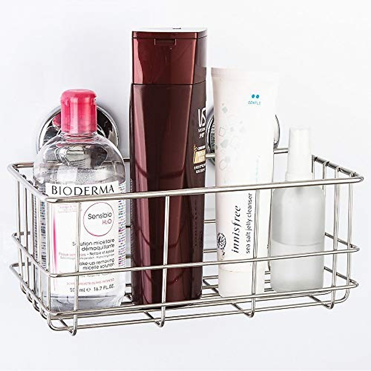 SANNO Suction Cup Shower Caddy Bath Wall Shelf, Deep Bathroom Basket Large Shower Caddy Bath Organizer Kitchen Storage Basket for Gel Holder Bathroom Storage Shampoo, Conditioner -Stainless Steel