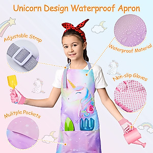 FIODAY Kids Gardening Set, Garden Tools for Kids with Watering Can, Shovel, Rake, Gloves, Waterproof Unicorn Apron with Pocket, Storage Bag and DIY Sticker Gardening Kit Gift for Girls