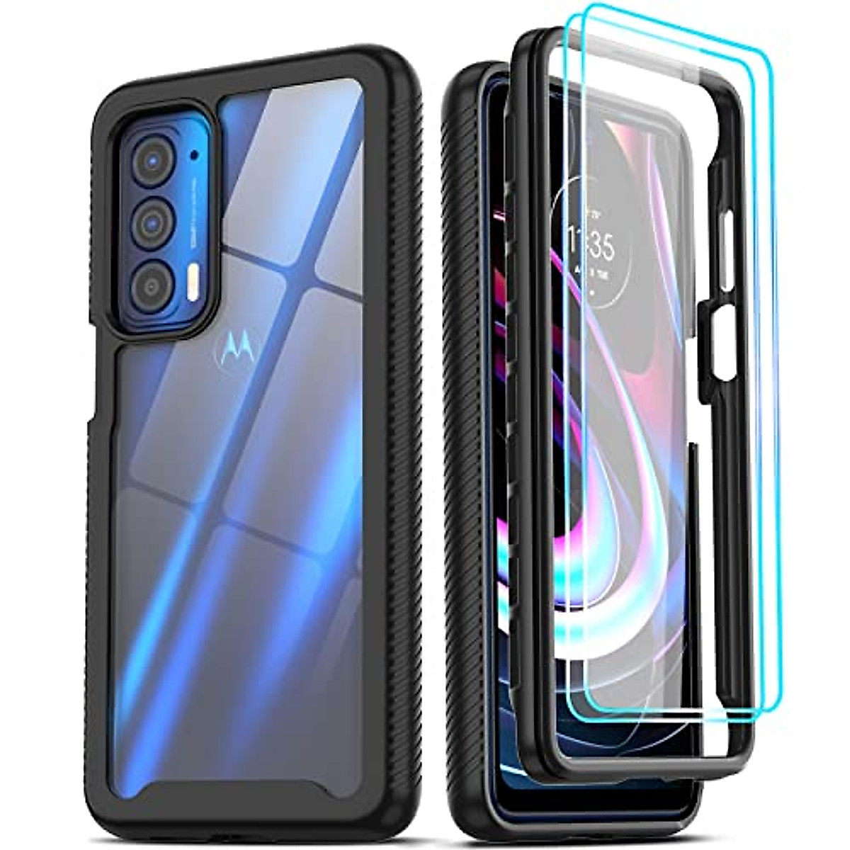 LeYi for Motorola Edge 5G UW Case, Motorola Edge 2021 Case with 2 Tempered Glass Screen Protector, Full-Body Shockproof Bumper Rugged Hybrid Hard Clear Protective Phone Case for Moto Edge 5G UW, Black