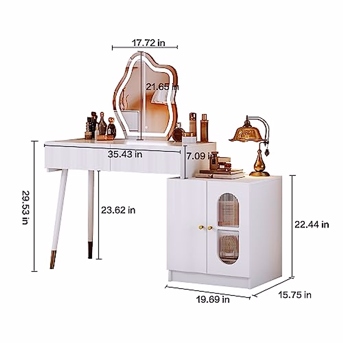 Chrangmay Modern Vanity Desk with Mirror and LED Lights,Retractable Makeup Vanity with 2 Wave Drawers & Cabinet,Writing Desk,for Bedroom,Bathroom, Gift for Girls and Women,White