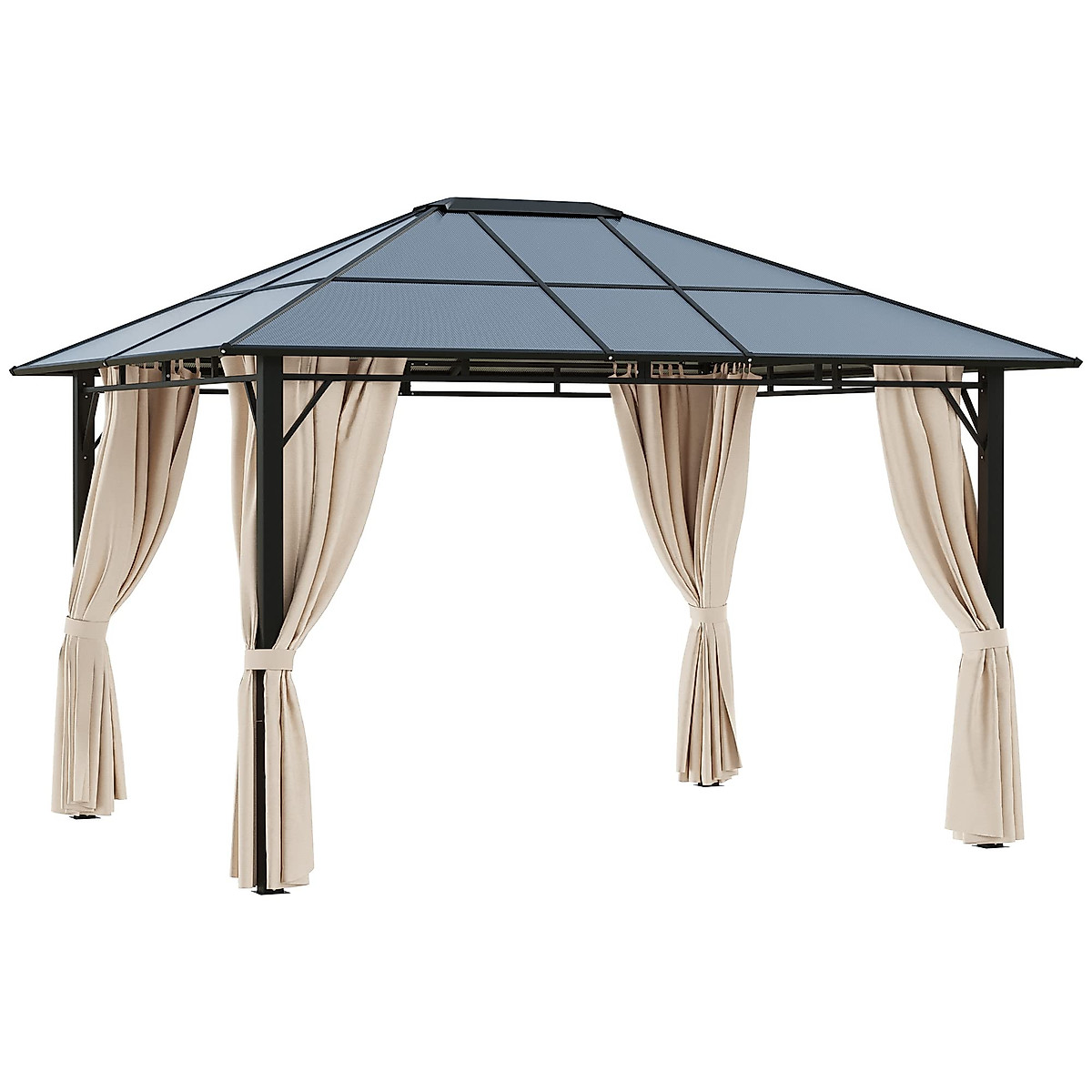 Outsunny 10' x 12' Hardtop Gazebo Canopy with Polycarbonate Roof, Aluminum Frame, Permanent Pavilion Outdoor Gazebo with Netting, for Patio, Garden, Backyard, Deck, Lawn, Dark Brown, Off-White
