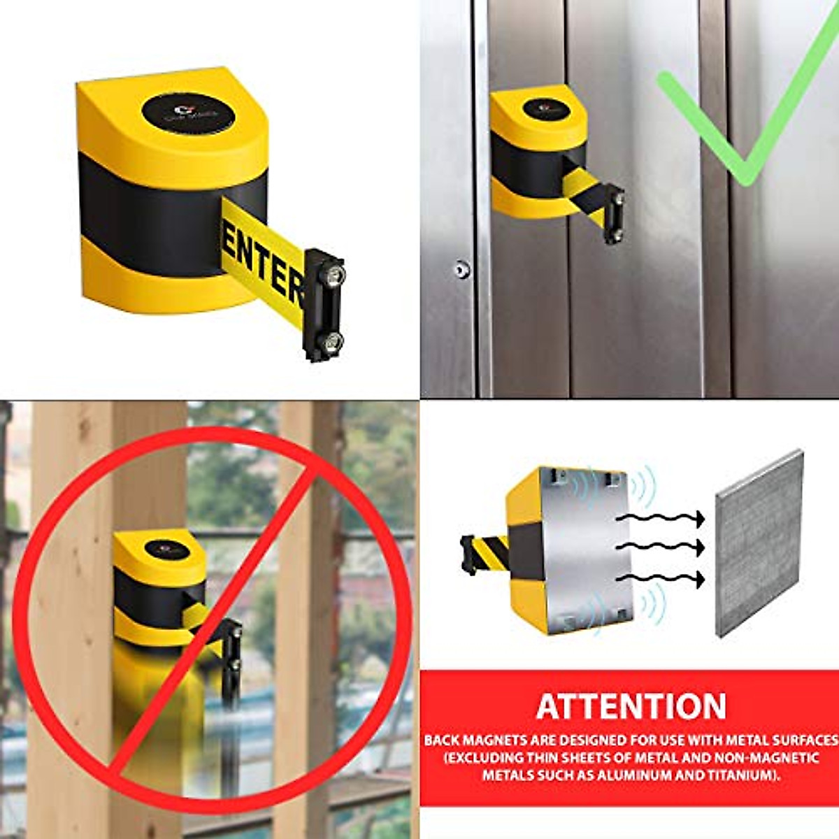 Crowd Control Warehouse CCW-05-022-01529 Series WMB-220 Magnetic Wall Mount Retractable Belt Barrier with Yellow ABS Case, Yellow with "Caution - DO NOT Enter" Black Letters Belt, 15' Belt Length