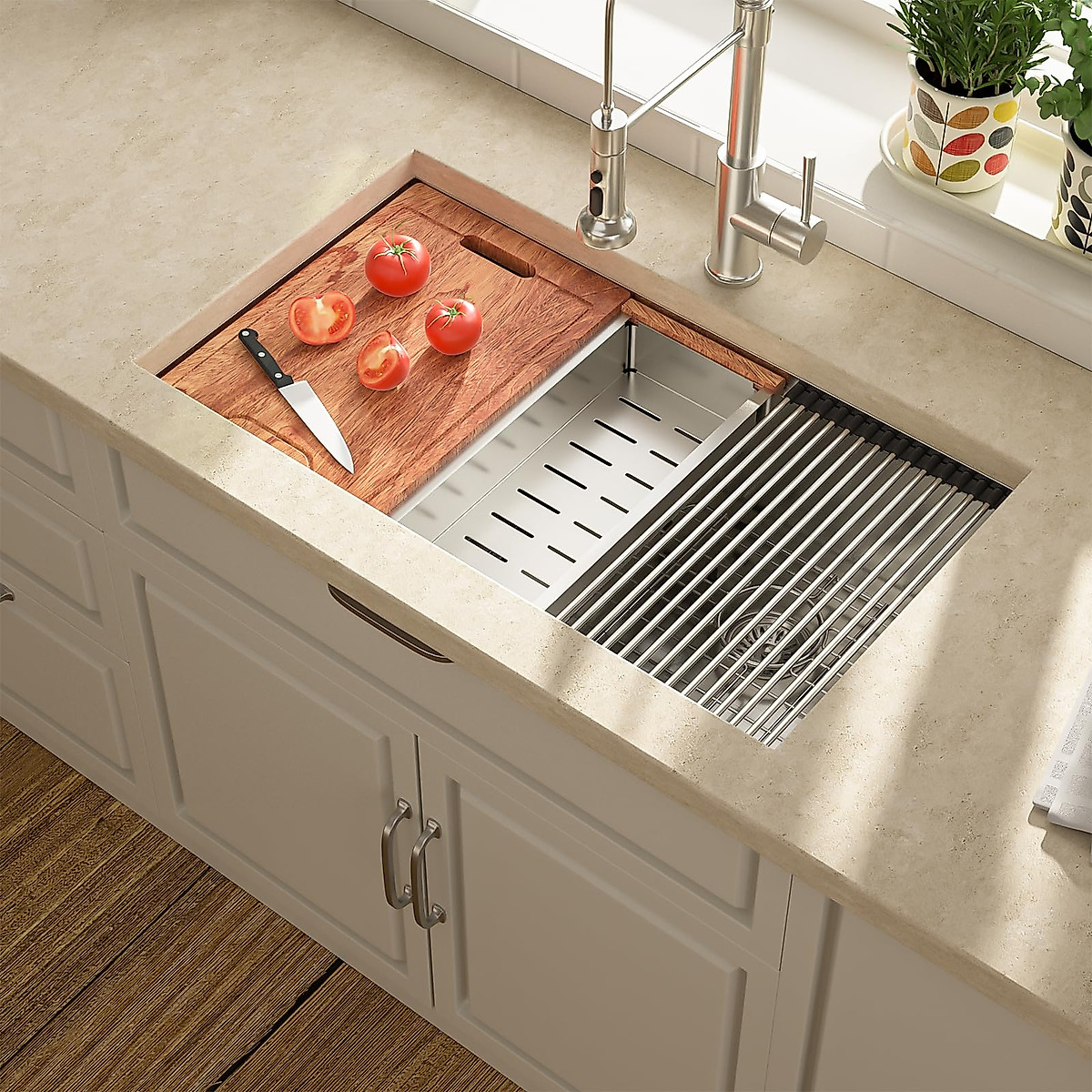 Lordear Double Bowl Kitchen Sinks 33 Inch Ledge Workstation Sink Double Bowl 60/40 Low Divide 16-Gauge Stainless Steel Undermount Kitchen Sink 33x19 Inch Deep Kitchen Sinks