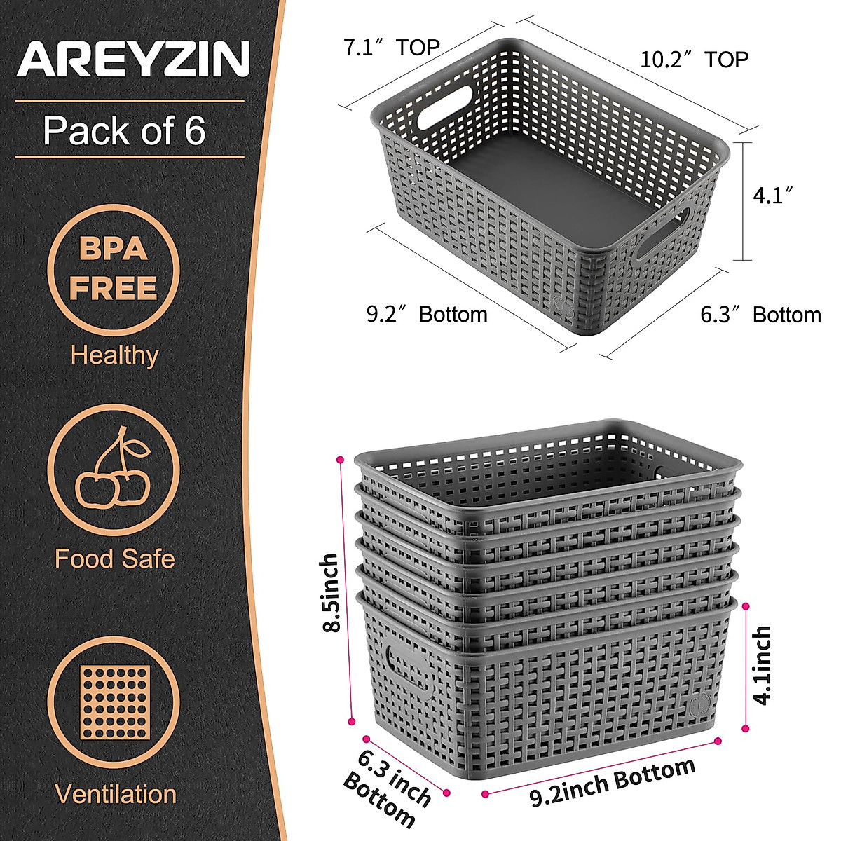 AREYZIN Plastic Storage Baskets With Lid Organizing Container Lidded Knit Storage Organizer Bins for Shelves Drawers Desktop Closet Playroom Classroom Office, 6 Pack