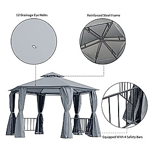 Outsunny 13' x 13' Patio Gazebo, Double Roof Hexagon Outdoor Gazebo Canopy Shelter w/with Netting & Curtains, Solid Steel Frame for Garden, Lawn, Backyard and Deck, Grey