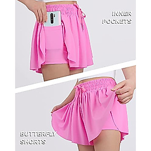 JOCMIC Girls Flowy Shorts, 2 in 1 Preppy Butterfly Shorts with Spandex Liner for Cheer Athletic Gym Kids Casual Clothes Rose Red 12 Years