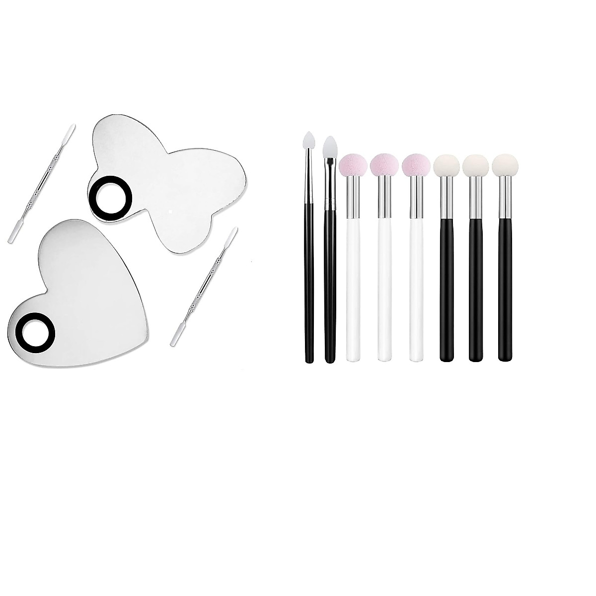 2 Pack Makeup Palette and Spatula Set，Professional Stainless Steel Cosmetic Mirror Lady Mixing Palette Tool With 6 Pcs Sponge Eyeshadow Makeup Applicator With Handle + 2 Shapes Silicone Lip Mask Makeu