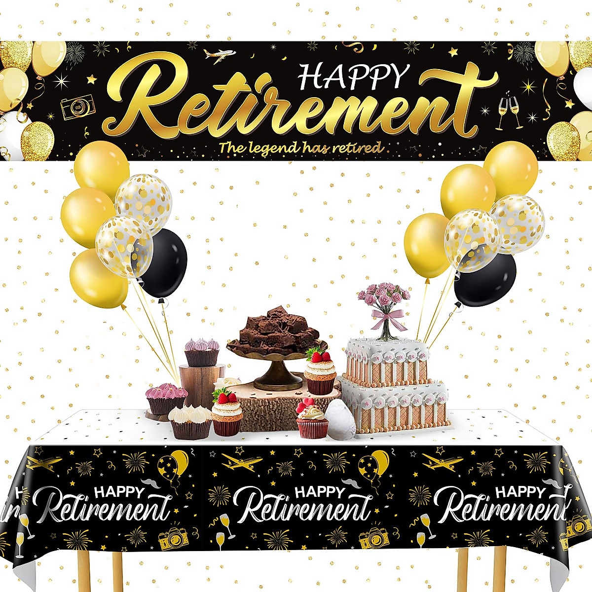 Retirement Decorations, 3pcs Black and Gold Happy Retirement Tablecloth, Plastic Disposable Rectangle Table Cover for Retirement Party Favor Decorations- 54" x 108"