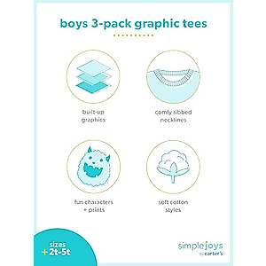 Simple Joys by Carter's Baby Boys' 3-Pack Short-Sleeve Tee Shirts, Blue Stripe/Grey Dinosaur/Navy Text Print, 5T