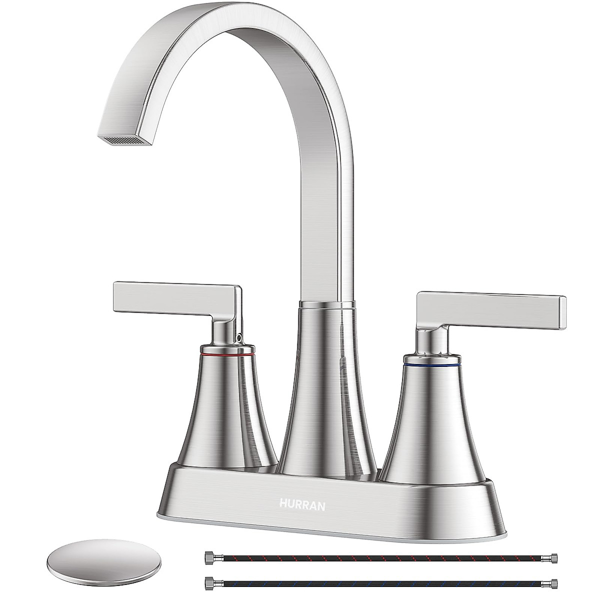 Bathroom Sink Faucet, Hurran 4 inch Brushed Nickel Bathroom Faucets for Sink 3 Hole with Pop-up Drain and Supply Lines, Stainless Steel 360 Swivel Waterfall Faucet for Bathroom Sink Vanity RV Restroom