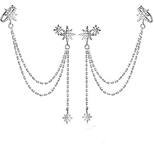 SLUYNZ 925 Sterling Silver Fashion Star Cuff Earring Chain for Women Star Crawler Earring Wrap Earrings (Pair-Silver)
