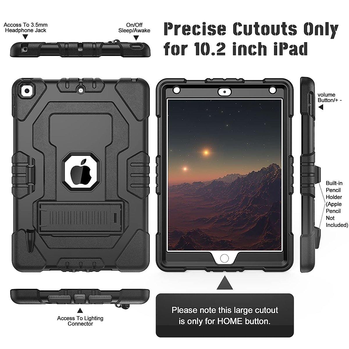 Rantice 9th Generation Case, 8th Generation Case, 7th Generation Case, Hybrid Shockproof Rugged Drop Protection Cover with Kickstand for 10.2'' 2021/2020/2019 Released (Black)