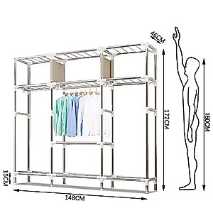 ZZBIQS Extra Large Wardrobe Clothes Storage Closet, Portable Garment Organizer Shelves Rack, Flannel Fabric Cover Standing Closet with Hang Rod and 2 Side Pockets, Beige