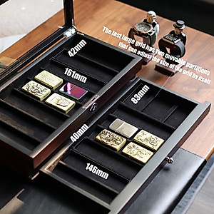 Besforu Pocket Knife Display Case for men collection holder 15-17 folding knife with Walnut Finish Two-Tier Knife organizer storage box with Real Glass Window Top (ebony veneer with draw)