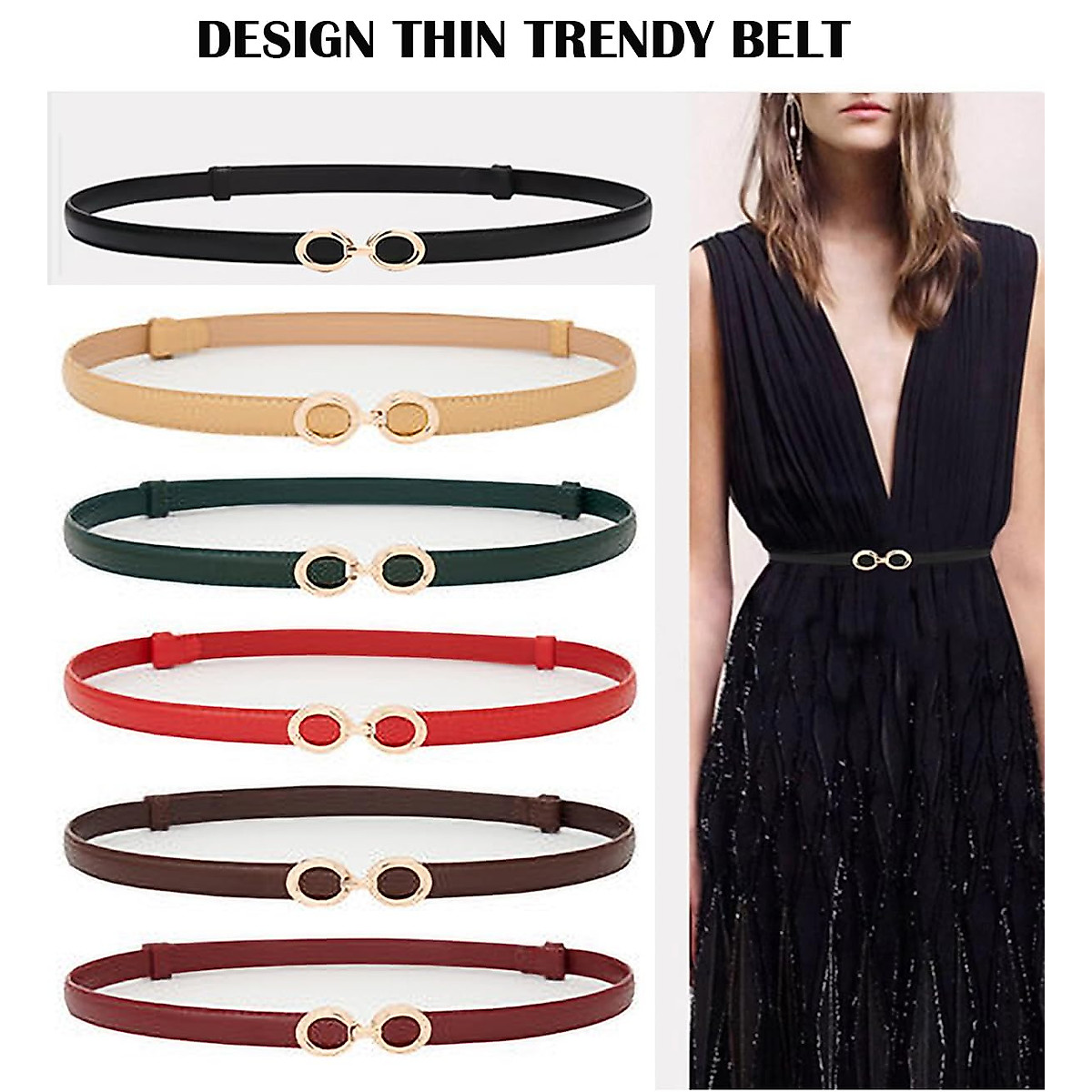 ALAIX Women's Leather Skinny Belt for Dress Adjustable Thin Waist Belt for Lady Waistband with Golden Buckle Apricot