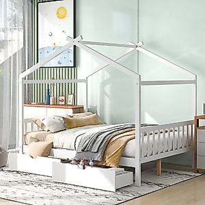 P PURLOVE Full Size House Bed for Kids, Teens,Wood Storage Platform Bed with Drawers, Headboard and Footboard,Playhouse Floor Bed with Roof and Slat, No Box Spring Need