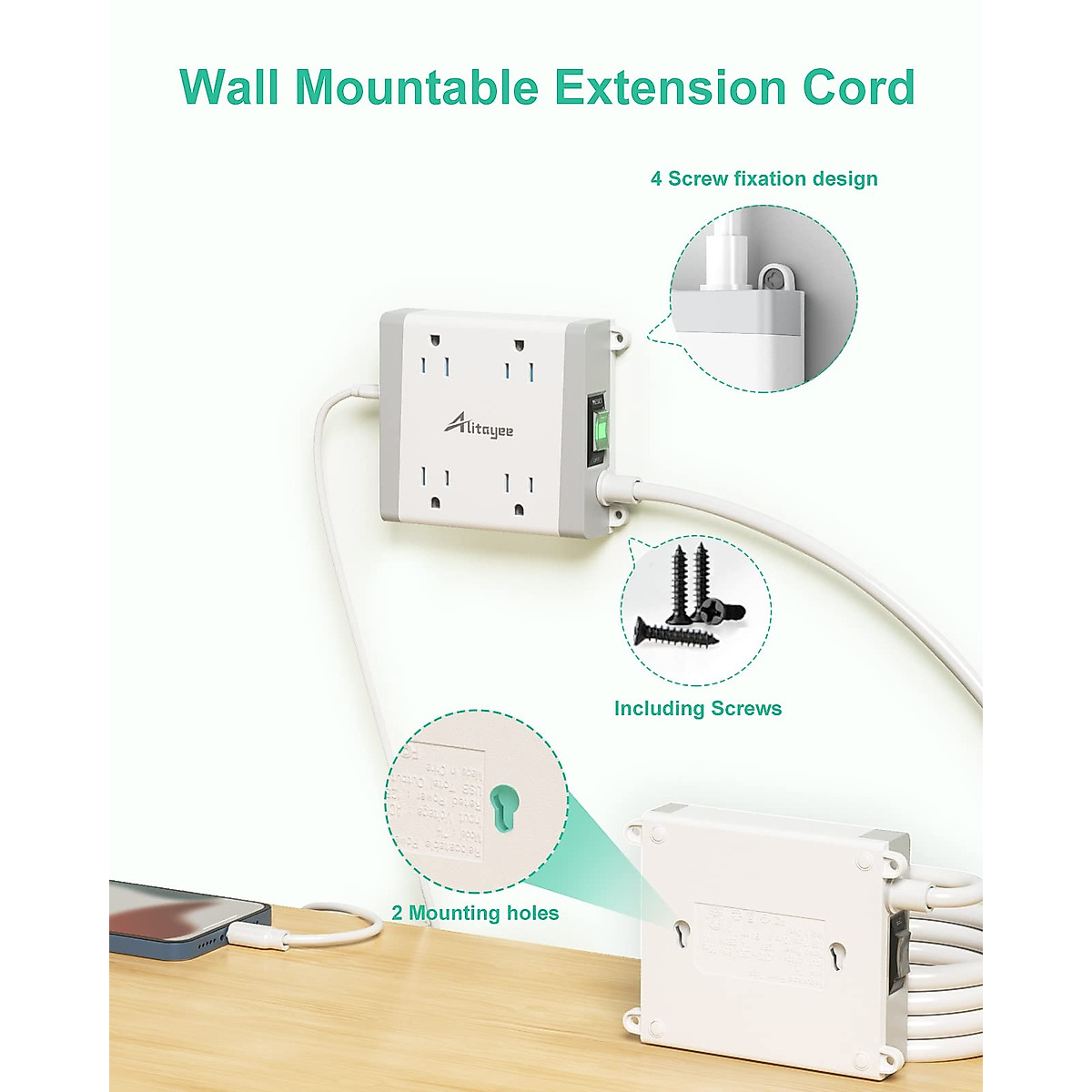 Alitayee Mountable Surge Protector Power Strip, Wall Mount Power Strip with 4 Outlets and 3 USB, Flat Plug, Shutter Safety and Circuit Breaker Switch, 6 Ft Extension Cord for College Home Office Dorm