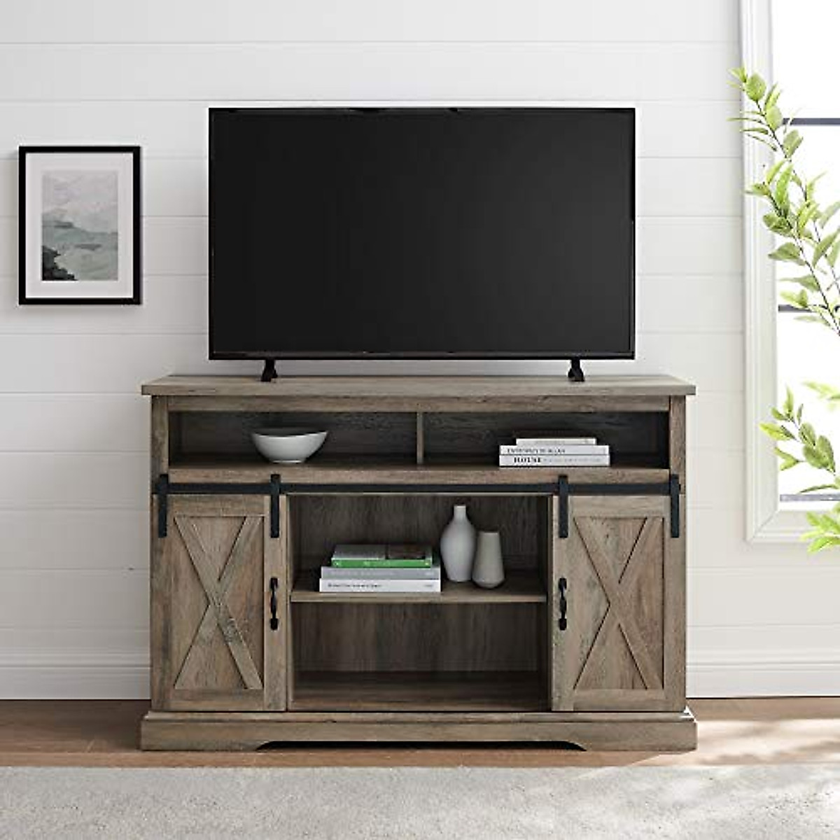 Walker Edison Clayton Farmhouse Sliding Double Barn Door TV Stand for TVs up to 58 Inches, 52 Inch, Grey Wash