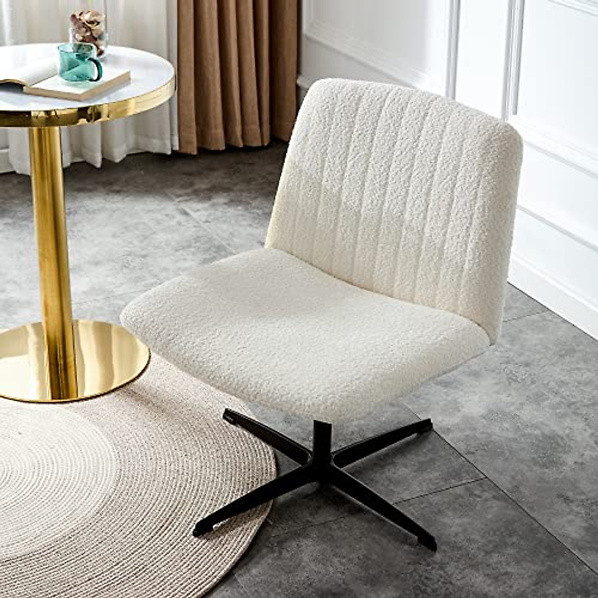 Haplized Office Chair, Home Computer Chair，Adjustable 360 ° Swivel Cushion Chair with Black Foot,Swivel Chair Makeup Chair Study Desk Chair No Wheels (White Velvet)