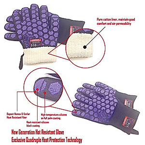 J H Heat Resistant Oven Glove:EN407 Certified 932 °F, 2 Layers Silicone Coating, Oven Mitts for Cooking, Kitchen, Fireplace, Grilling, 1 Pair (Regular Cuff, Black Shell with Purple)