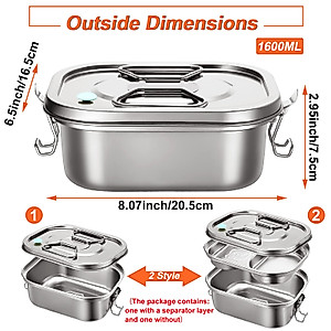 Romooa Stainless Steel Bento Boxes with Airtight Valve and Handle, Set of 2 Leakproof Metal Lunch Containers, 1600ml Capacity, BPA Free, Dishwasher Safe