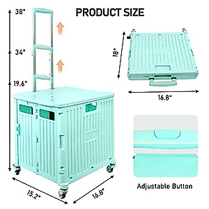 Foldable Utility Cart,Heavy Duty 4 Wheels Rolling Carts，Collapsible Crate Shopping Cart with Wheels Rolling Tote Basket Teacher Cart with Lid,Travel Shopping Moving Storage Office Use（Green）