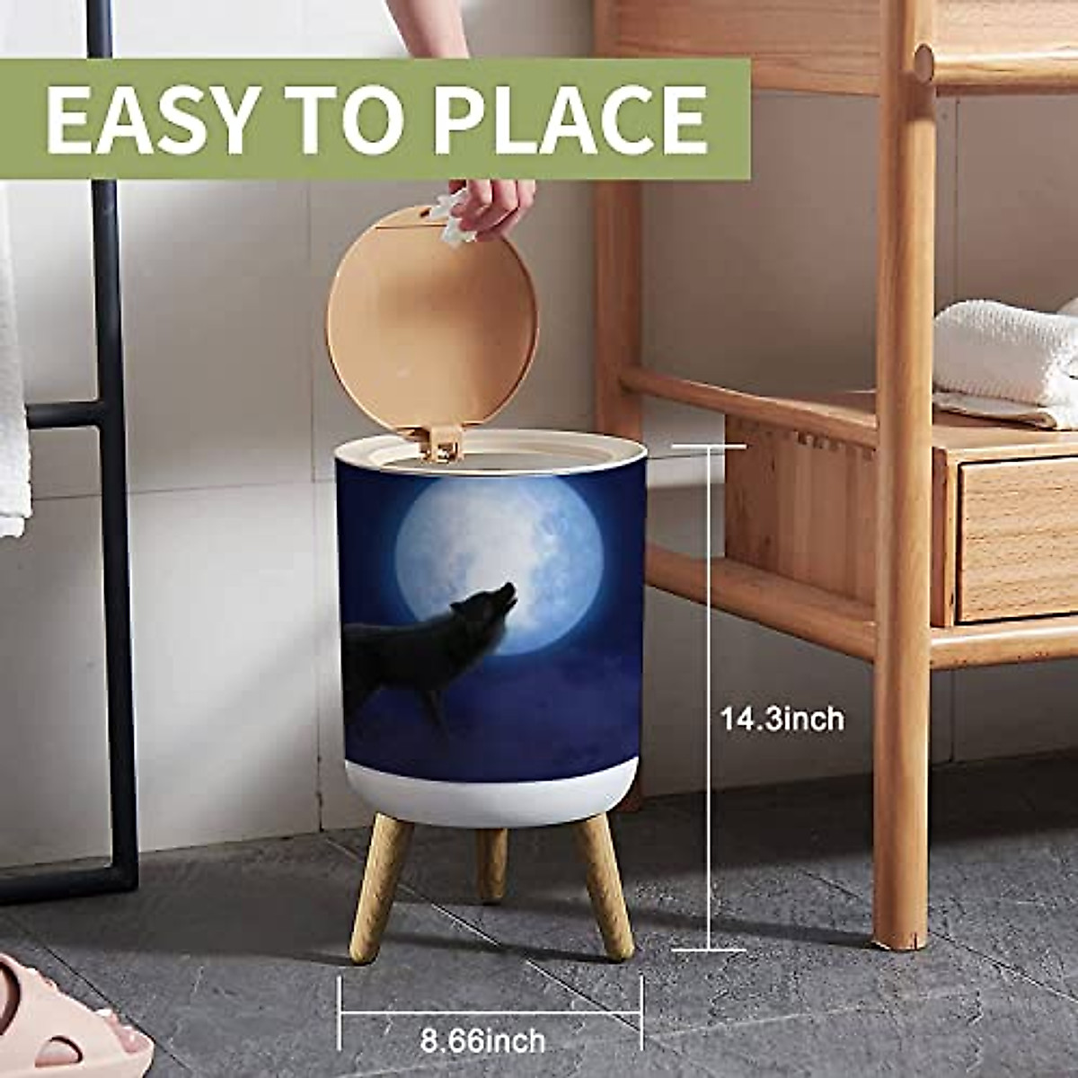 Small Trash Can with Lid for Bathroom Kitchen Office Diaper 3D rendering a black werewolf glowing red eyes howling at big moon Bedroom Garbage Trash Bin Dog Proof Waste Basket Cute Decorative