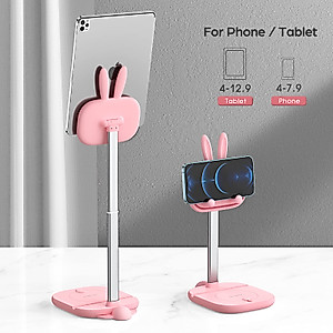 OATSBASF Cute Bunny Tablet Stand for Desk, Adjustable Height Tablet Stand Holder Dock Compatible with iPad, Pro 9.7, 10.5, 12.9 Air Mini, Tablet, Kindle, Nexus, Tab, E-Reader (4-13") (Pink Plus)