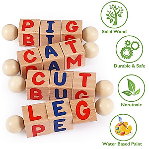 Atoylink Wooden Reading Blocks Spelling Games with Sight Word Flash Cards Turning Rotating Letters Dinosaur Toy Preschool Spinning Alphabet Matching Letter Montessori Learning Toys for Kids Boys Girls