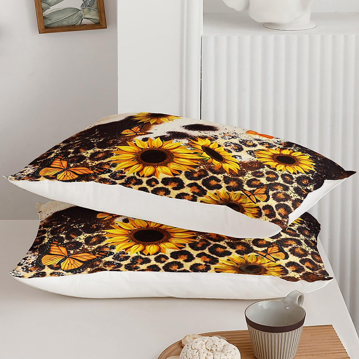 BSNTHO Leopard Print Sheet Set Twin Size 4 Piece, Sunflower Sheets for Girls Boys Kids Teens with 2 Pillowcases and 16" Deep Pocket, Butterfly Bedding Set Microfiber Ultra Soft Skin Friendly