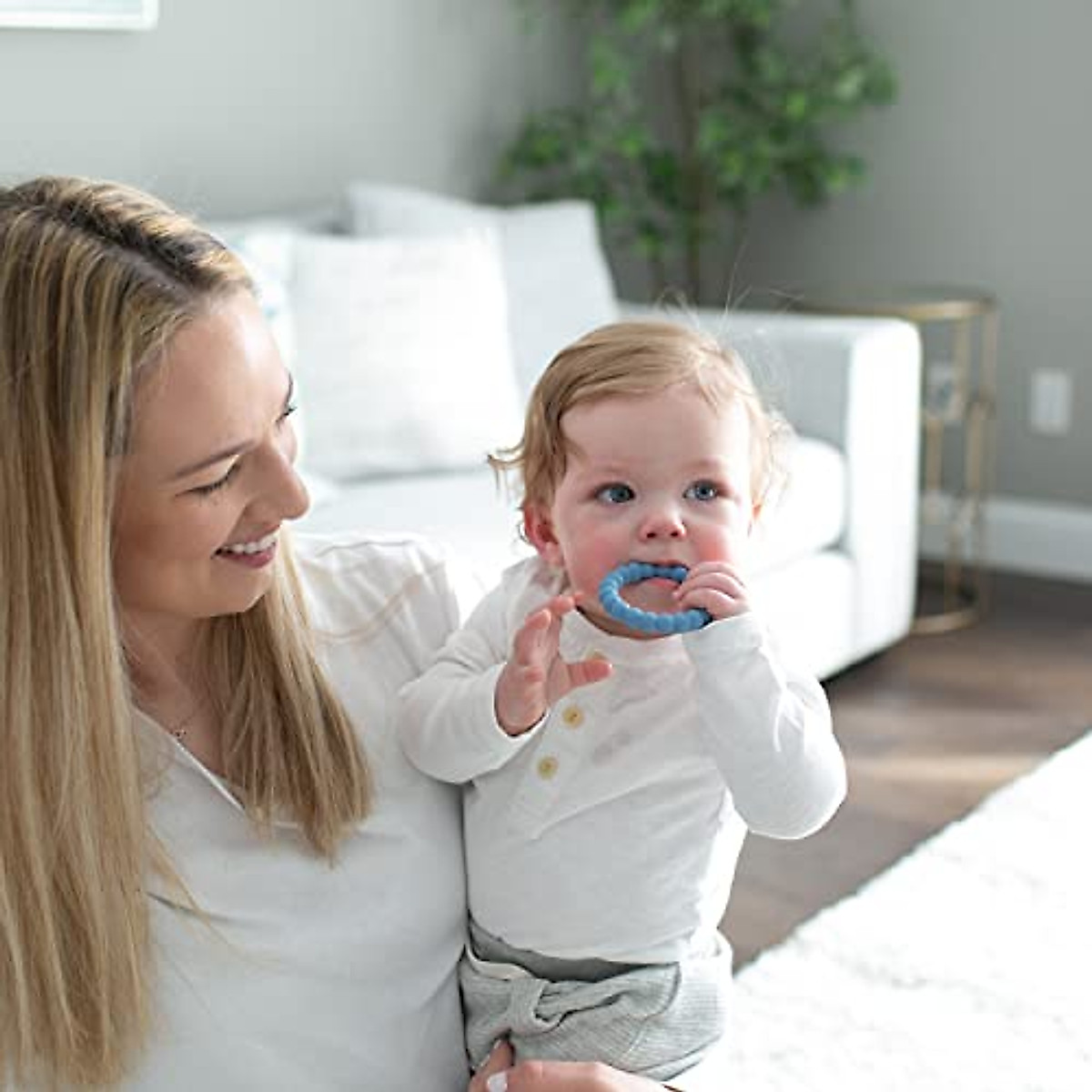 Dr. Brown’s Flexees Beaded Teether Rings, 100% Silicone, Soft & Easy to Hold, Encourages Self-Soothe, 3 Pack, Blue, Light Blue, Black, BPA Free, 3m+