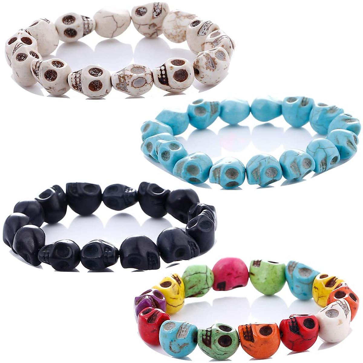 HYHONEY 4 Pcs Colorful Skull Bracelet Bracelets For Men Mens Bracelet Prayer Skull Beads Elastic Adjustable Bracelet For Men Women