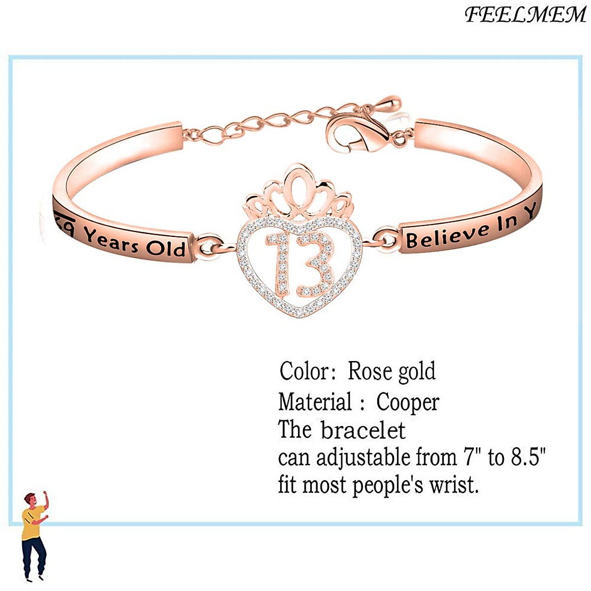 FEELMEM Birthday Gifts Bracelet 12th 13th 16th 18th 30th 40th Crown Queen Charm Bracelet Birthday Gift for Daughter Niece (13th-Rose gold)