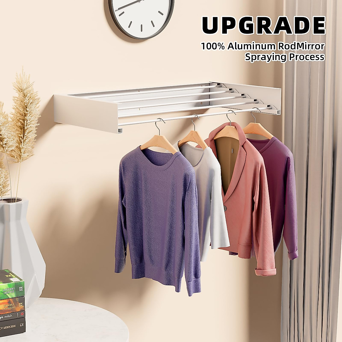 ZMBESUP Laundry Drying Rack Collapsible, Wall Mounted Drying Rack, Clothes Drying Rack, Retractable Wall Drying Rack, 31.5" Wide, 13.2 Linear Ft, 5 Aluminum Rods, 60 lb Capacity (White, 31.5" Wide)