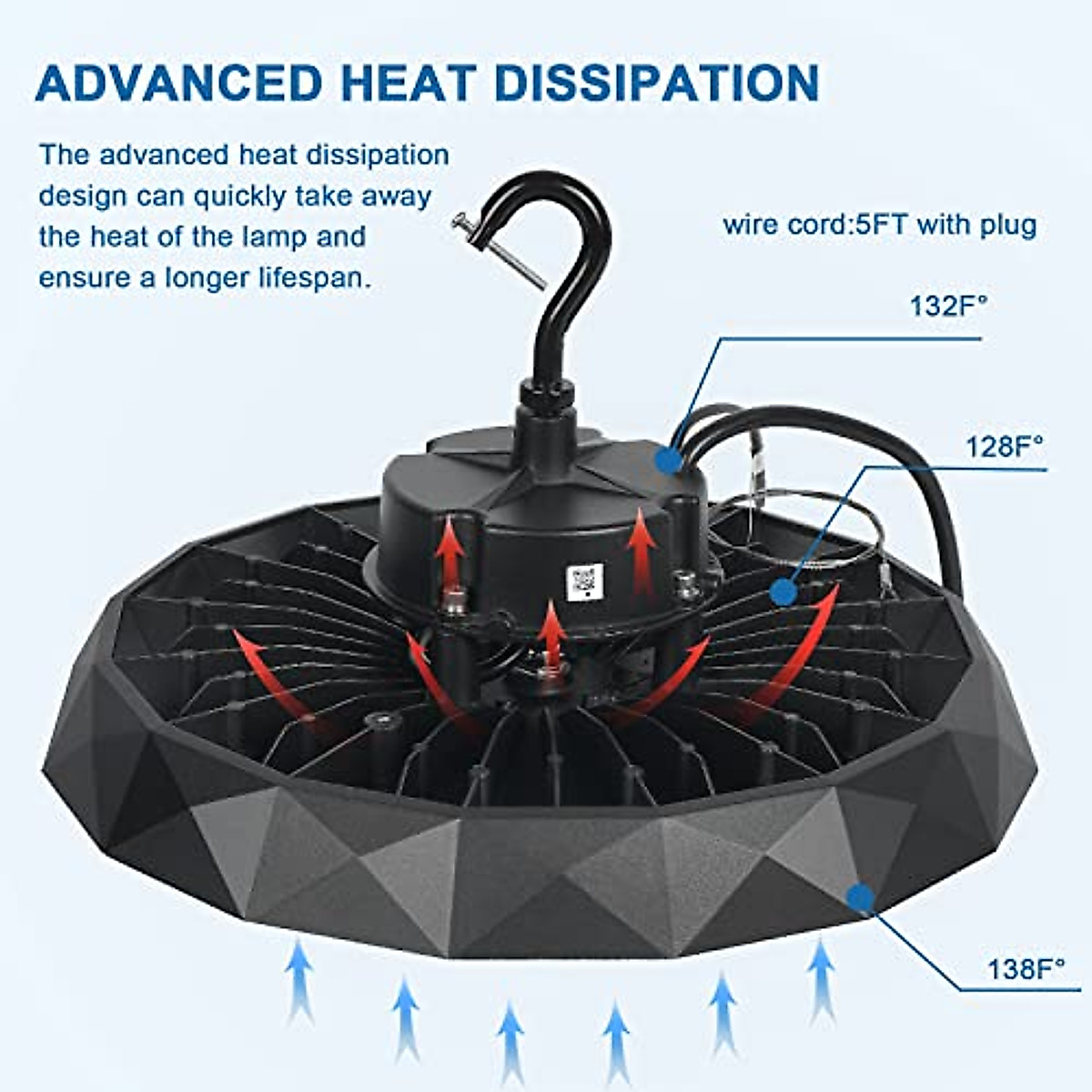 HONMY LED High Bay Light 100W 1-10V Dimmable 5000K 15000LM IP65 Waterproof UFO Commercial Bay Lighting with 5ft US Cable Plug for Warehouse Workshop Garage Factory Lights Fixture