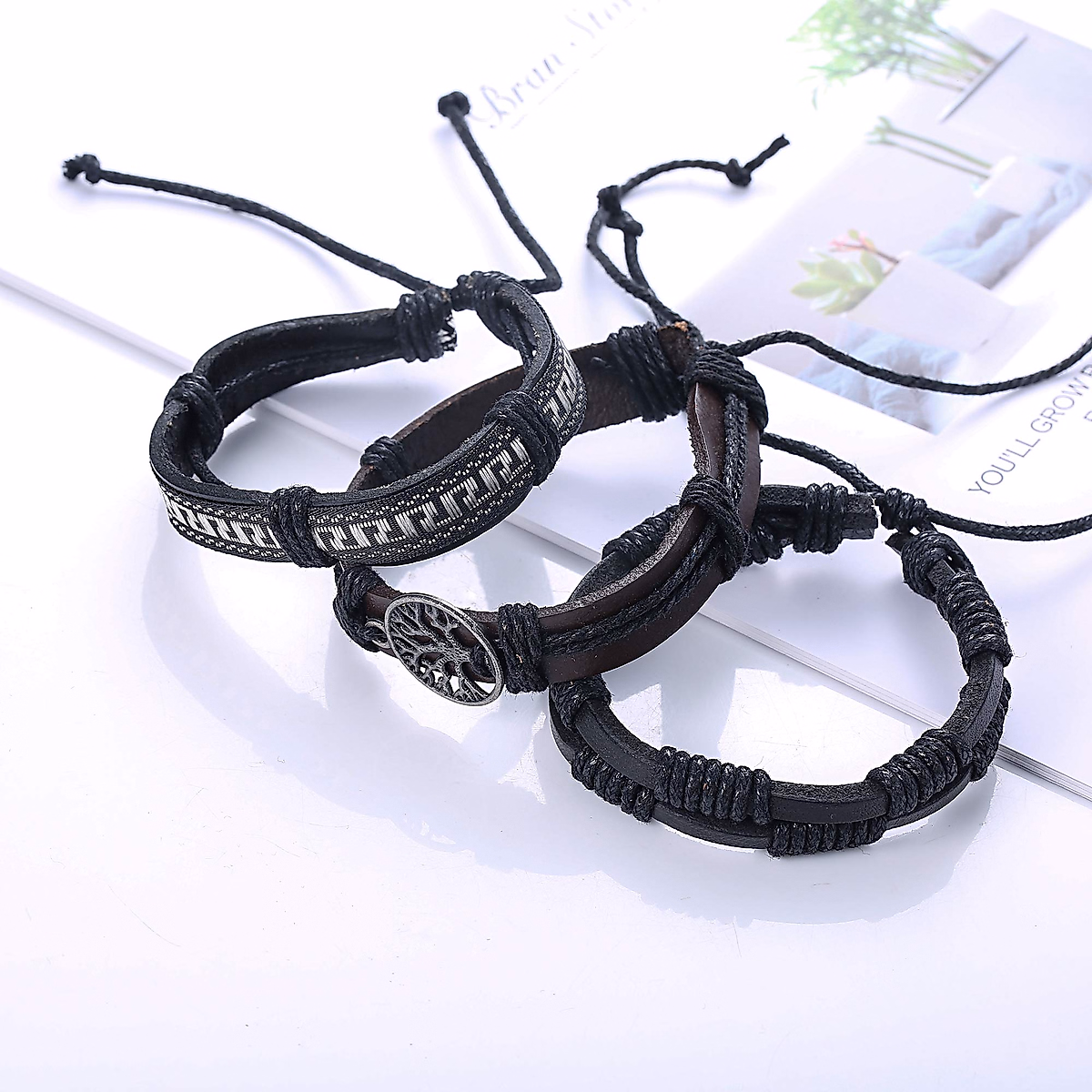 FINREZIO 24 Pcs Braided Leather Bracelet Set For Women Men Wristbands Boho Ethnic Tribal Linen Hemp Cords Beads Wrap Bracelets String Handmade Jewelry