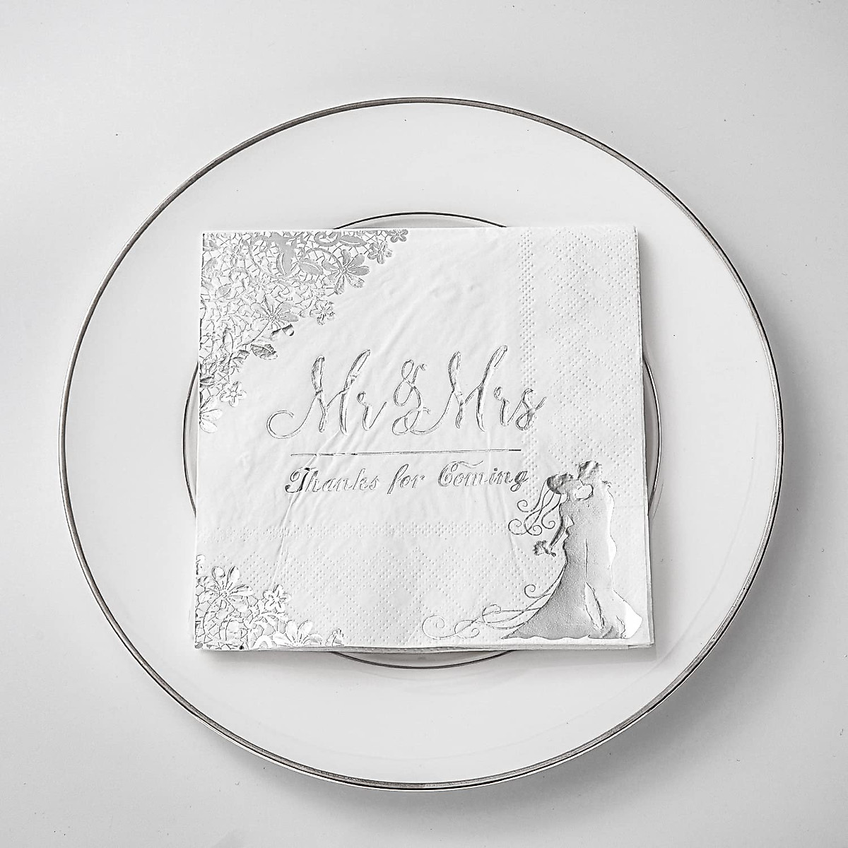 200 Pcs Silver Wedding Napkins for Reception Mr and Mrs Wedding Cocktail Napkins, Disposable Napkins for Wedding, Engagement, Bridal Shower Party Decorations