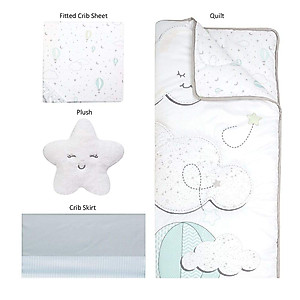 TRP 4 Piece Multi Color Whimsical Starry Cloudy Sky Crib Bedding Set, Beautiful All Over Clouds Stars Hot Air Balloons Grey Green Blue Hues Soft White Plush Fabric Cozy Comfy Nursery Decor