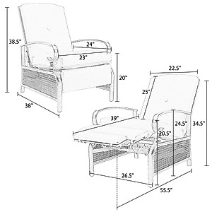Iwicker Outdoor Adjustable Recliner Chair with Cushion, Patio Adjustable Lounge Chair with Armrests, Beige