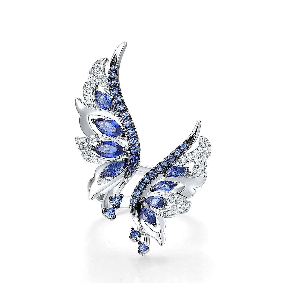 Santuzza 925 Sterling Silver Blue Wings Ring Blue Nano Cubic Zirconia Angel Wing Ring for Women (8)