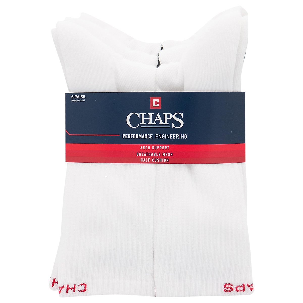 Chaps Men's Cushioned Repreve Athletic Socks-6 Pair Pack-Running Breathable Front Mesh and Arch Support, Crew-White, Shoe Size: 6-12