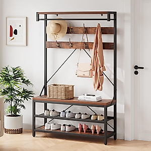 IDEALHOUSE Coat Rack Shoe Bench Industrial Hall Tree Storage Bench for Entryway, Wood Look Accent Large Shoe Rack Bench with Storage Shelf Hanging Bar,8 Hooks Rustic Brown 39.9"x15.7"x72"