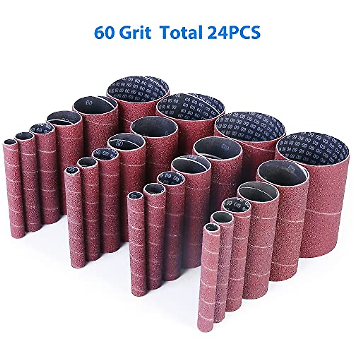 LotFancy Spindle Sander Sleeves, 24PCS 60 Grit Sanding Sleeves, Aluminum Oxide Abrasive, 4-1/2” Length, 4 Each of 1/2”,3/4”,1”,1-1/2”, 2” and 3”