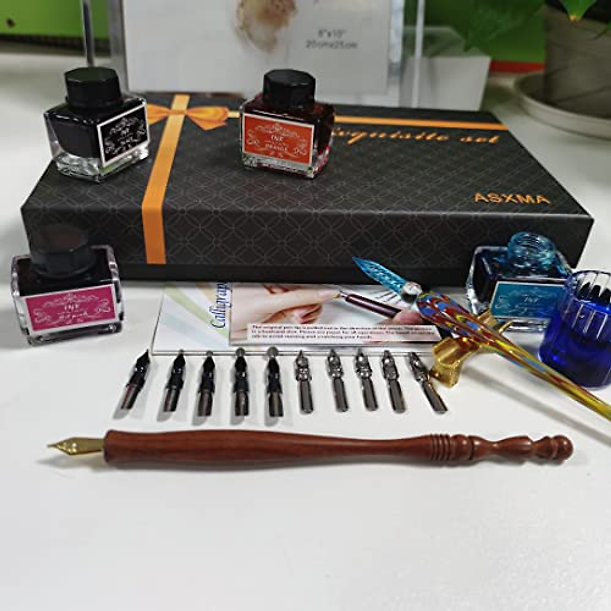 ASXMA Calligraphy Pens Gift Set - Personalized Caligraphy Pen Kits Calligraphy Set For Beginners&professional Include Glass And Wooden Dip Pen,Pen Holder,Various Sizes Of Nibs Etc