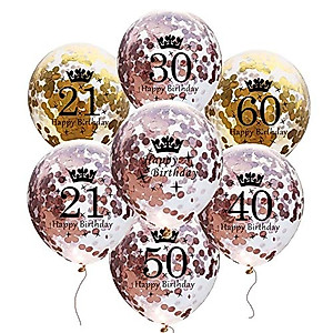 10pcs Gold Confetti Balloons，12 inches Happy Birthday Sign Party Balloons with Golden Rose Paper Confetti for 60th Anniversary Birthday Party