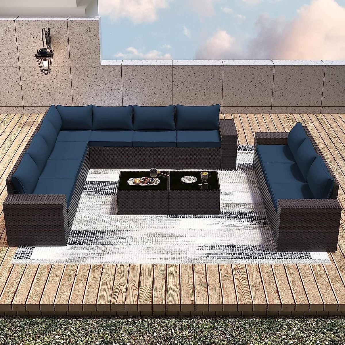 RTDTD Outdoor Patio Furniture Set, 12 Pieces Outdoor Furniture All Weather Patio Sectional Sofa PE Wicker Modular Conversation Sets with Coffee Table,10 Chairs & Seat Clips Dark Blue