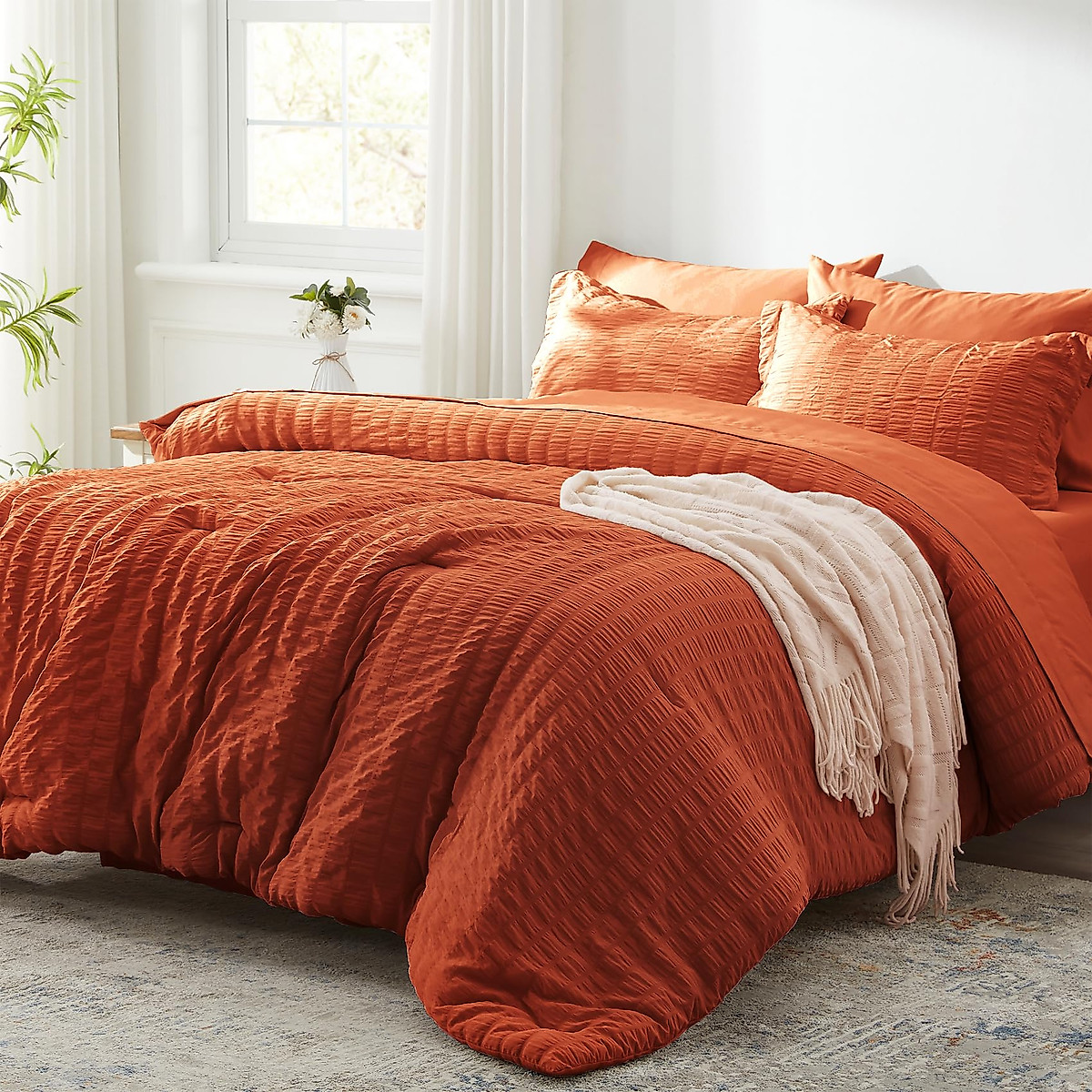 Zzlpp Queen Comforter Set 7 pieces, Burnt Orange Seersucker Bed in a Bag with Sheets, Lightweight Bedding Sets with 1 Comforter, 2 Pillow Shams, 2 Pillowcases, 1 Flat Sheet, 1 Fitted Sheet